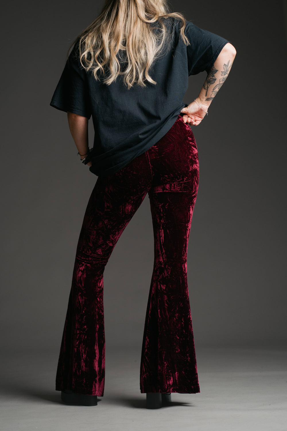 Hendrix Merlot Crushed Velvet Flares | Little Lies
