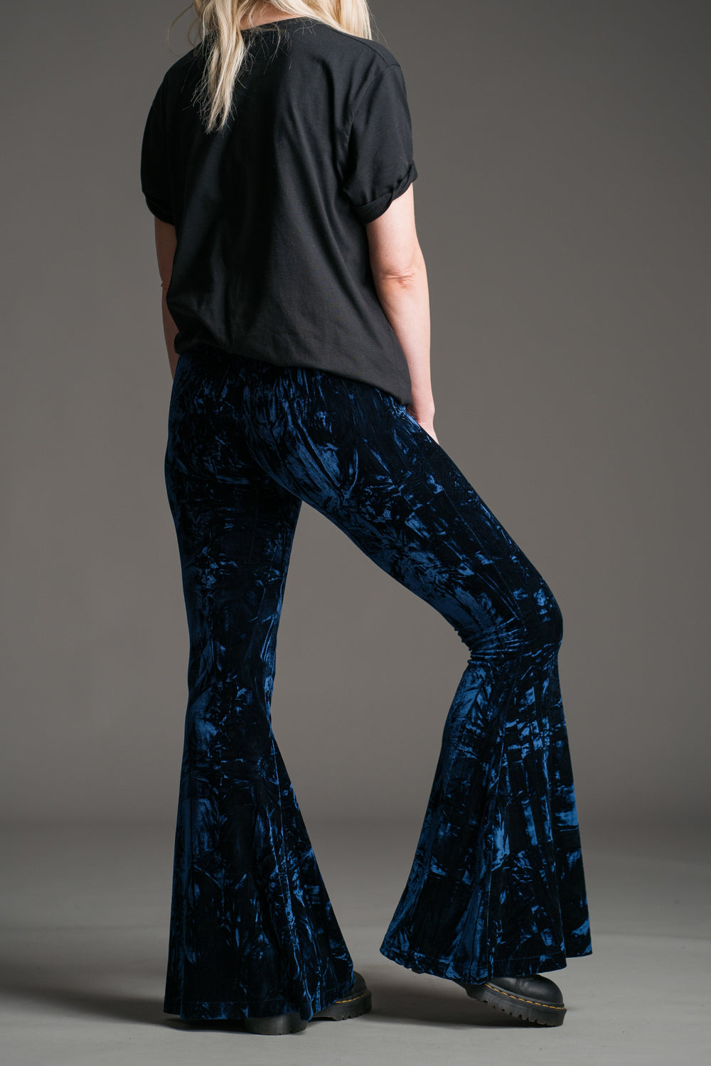 Hendrix Midnight Blue Crushed Velvet 70s Flares | Little Lies
