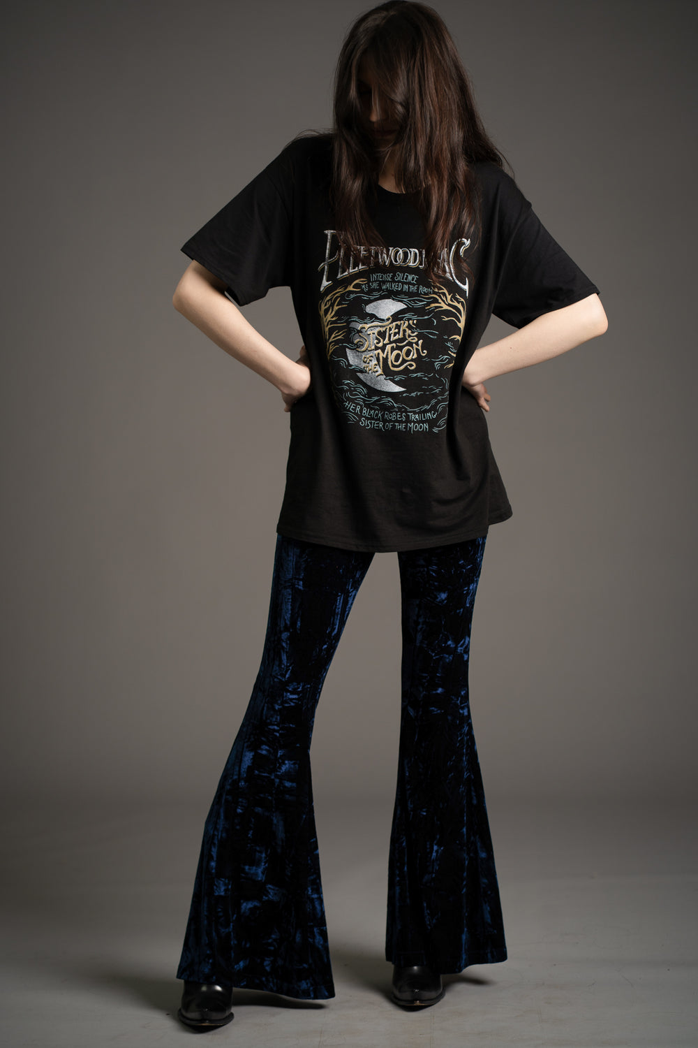 Hendrix Midnight Blue Crushed Velvet 70s Flares | Little Lies