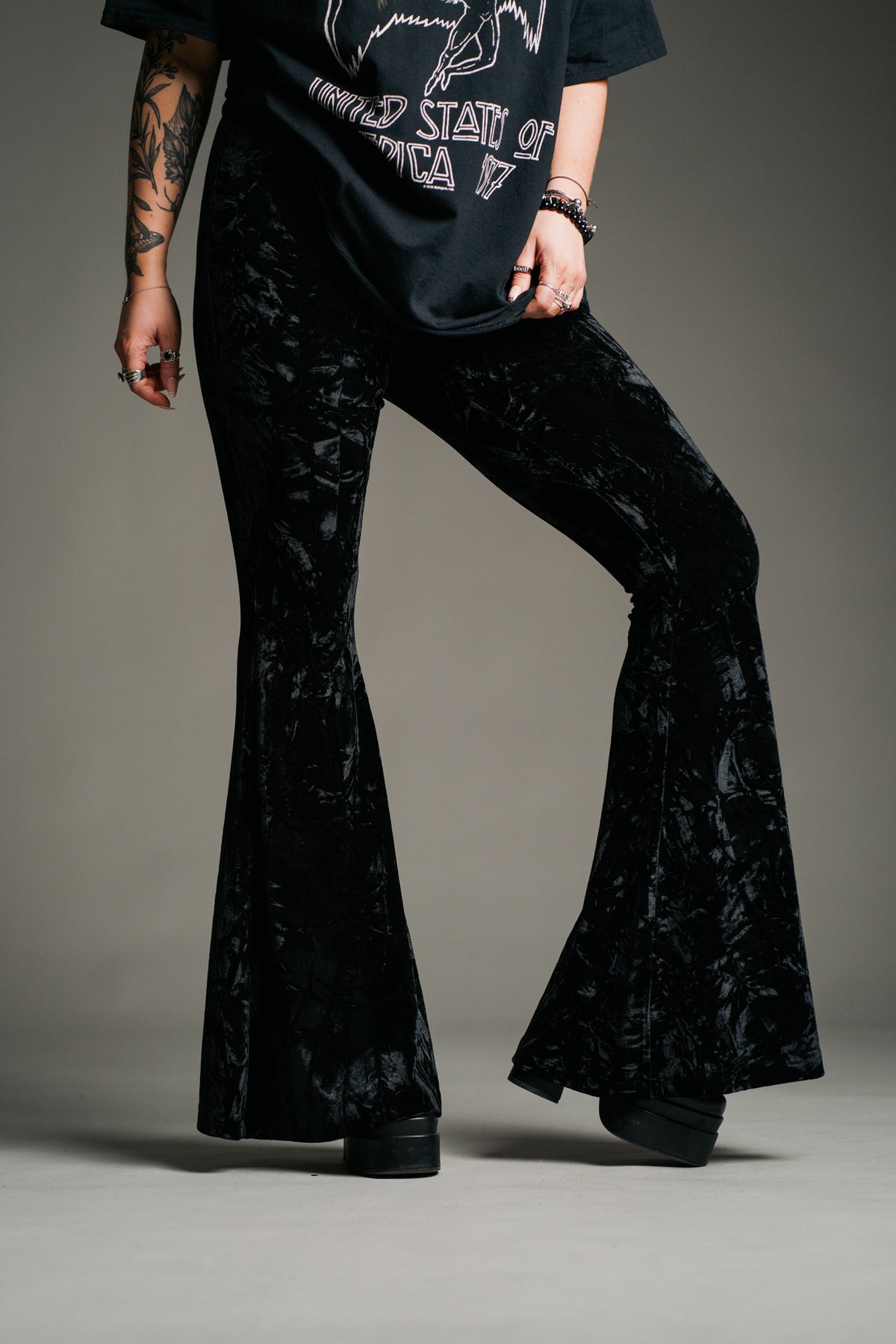 Hendrix Black Crushed Velvet 70s Flares | Little Lies