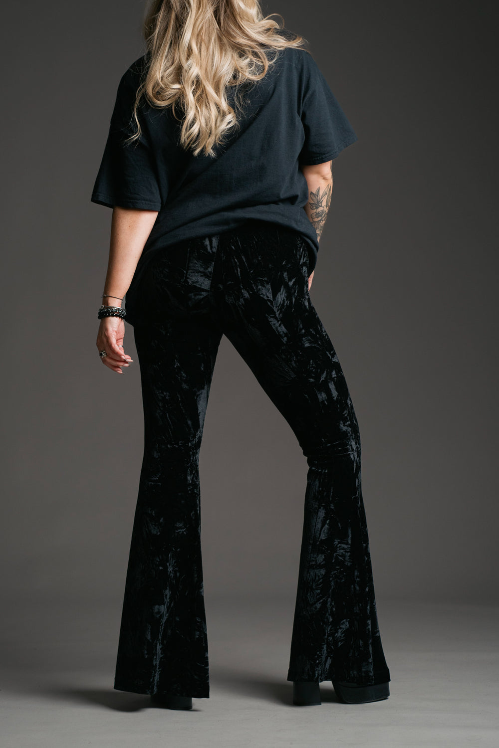 Hendrix Black Crushed Velvet 70s Flares | Little Lies