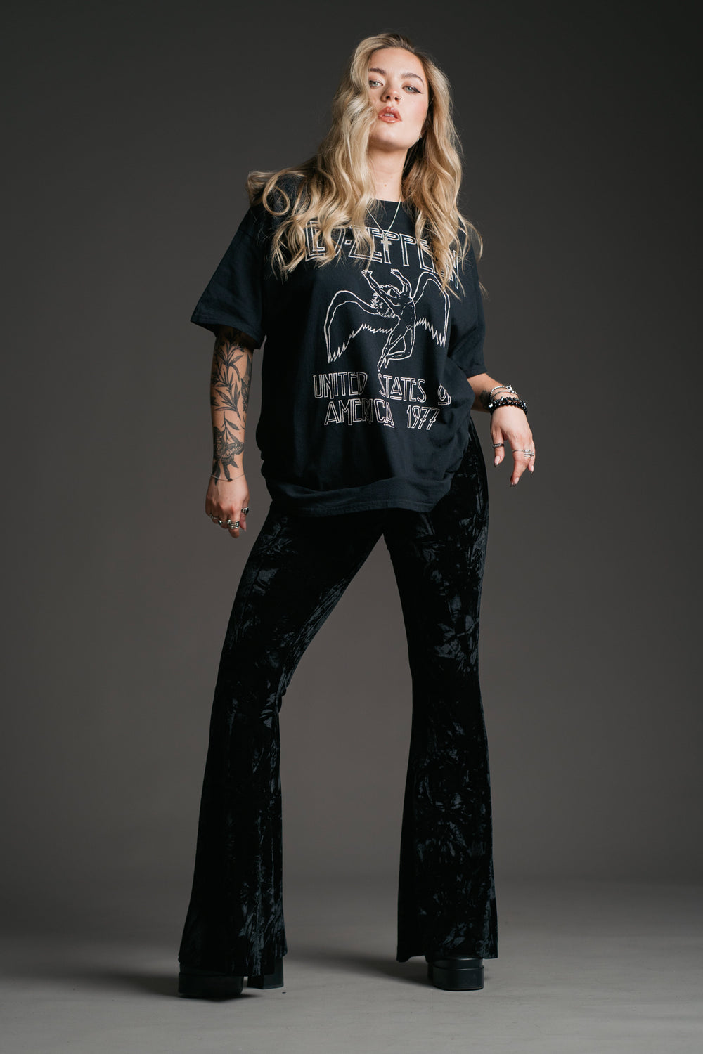 Hendrix Black Crushed Velvet 70s Flares | Little Lies