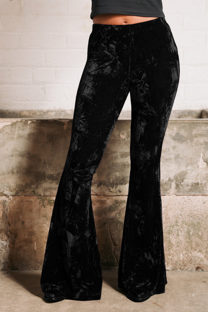 Hendrix Black Crushed Velvet 70s Flares | Little Lies