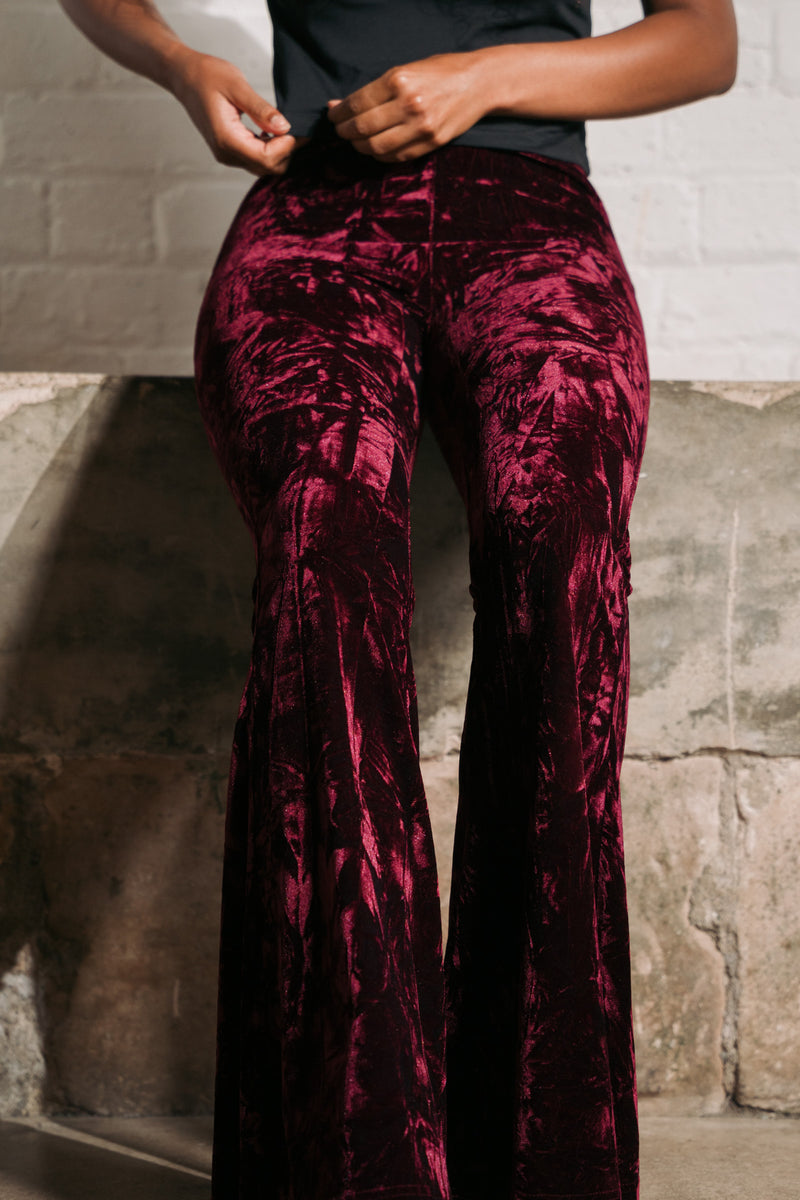 Hendrix Merlot Crushed Velvet Flares | Little Lies