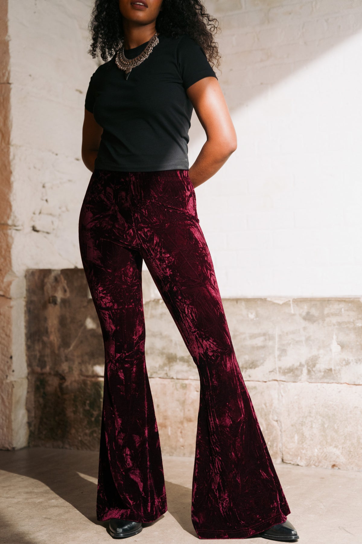 Hendrix Merlot Crushed Velvet Flares | Little Lies