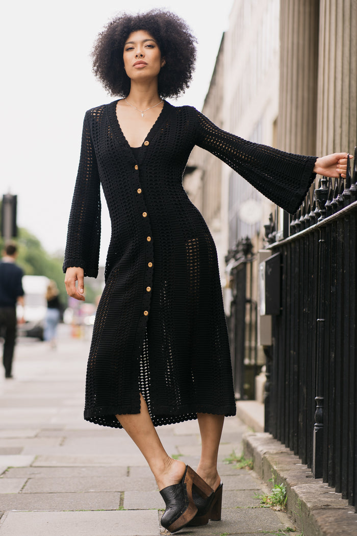 Marianne Black Crochet Style Knit Bohemian Dress | Little Lies