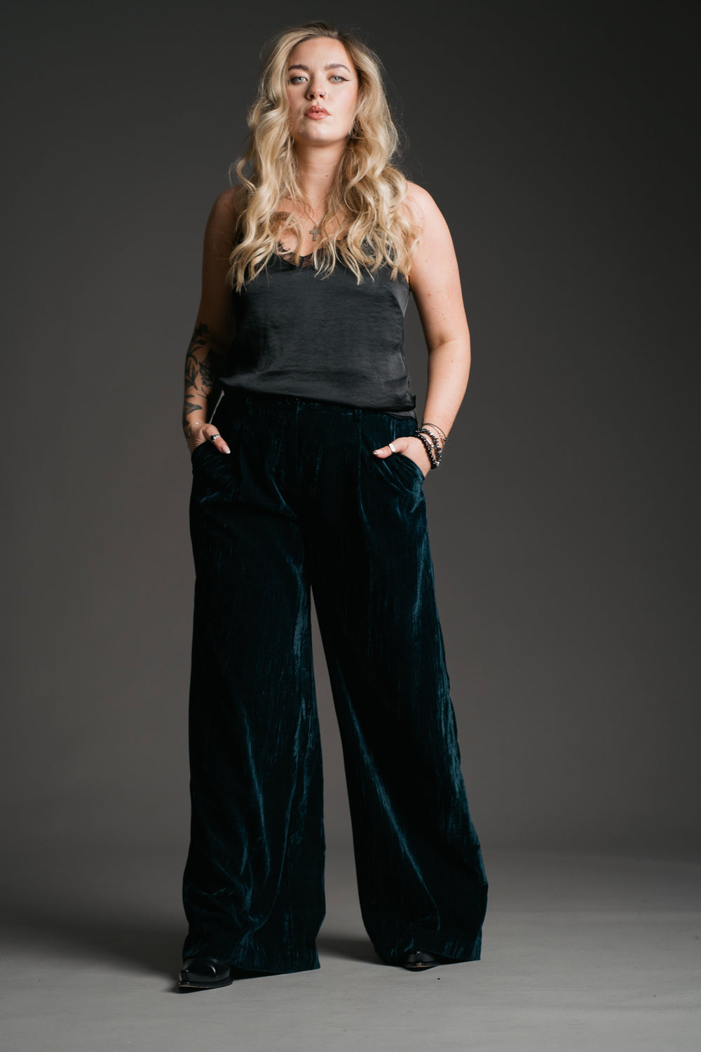 Jagger Teal Velvet Wide Leg Trouser | Little Lies